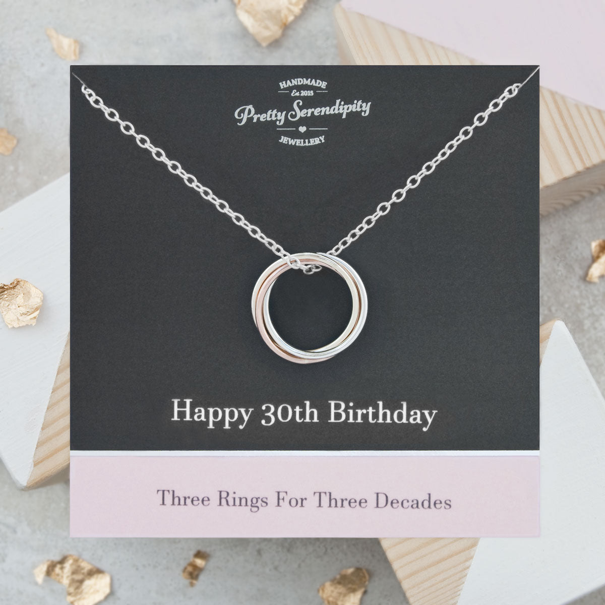 30th Birthday Necklace – 3 Rings for 3 Decades – 9ct Gold and Silver ...