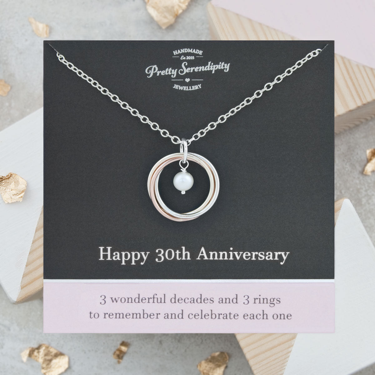 30th Pearl Anniversary Necklace – 3 Rings For 3 Decades – 9ct Gold and ...